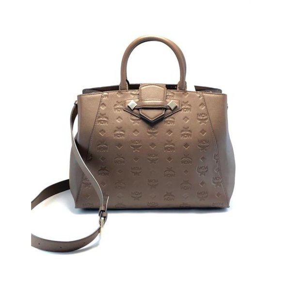 MCM | Bags | Mcm Top Handle Bag Essential Monogrammed Brown Leather ...